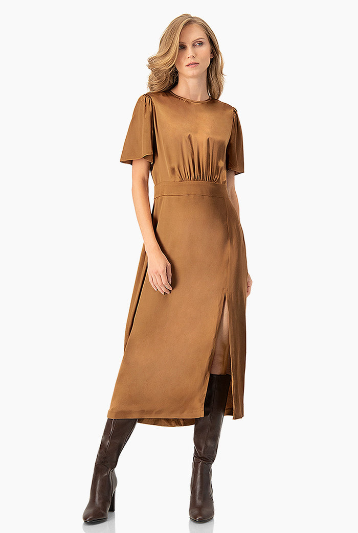 Vestido Midi Café Elegante con Abertura Frontal