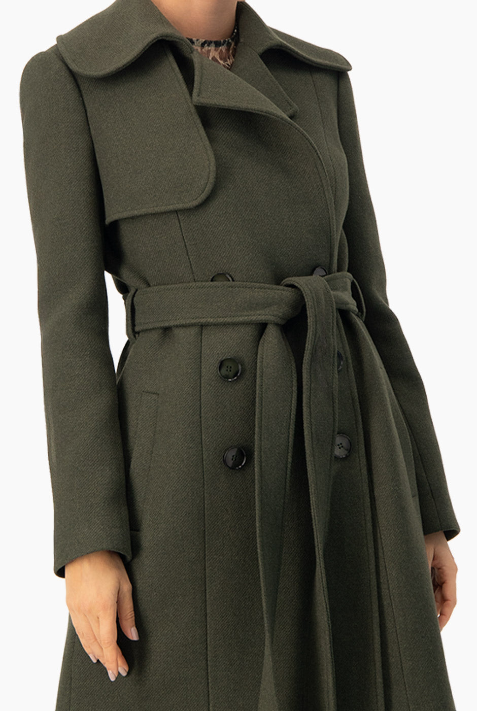 Elegante abrigo cruzado verde con cinta ajustable